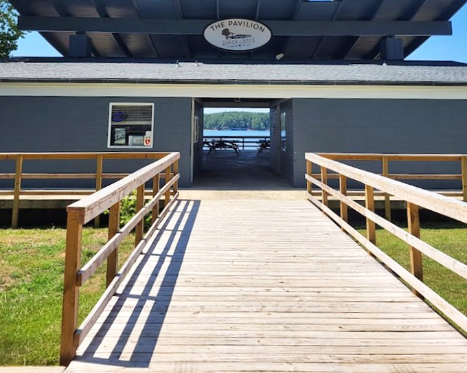 The Pavilion welcomes visitors with a wooden walkway that might as well be a red carpet leading to Baker Creek's waterfront main attraction.