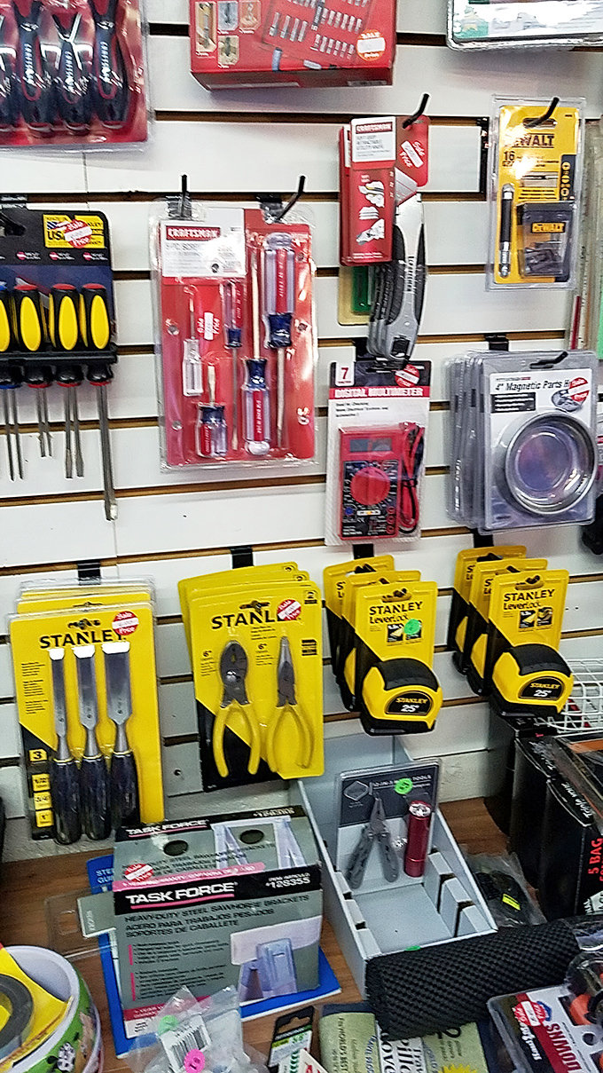 Tool heaven for the DIY enthusiast. Stanley, Craftsman, and DeWalt compete for space in this hardware lover's paradise.