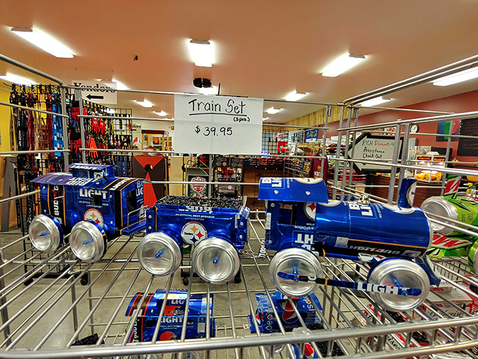 Miniature trains crafted from beer cans prove one person's recycling is another's masterpiece. Childhood nostalgia meets adult beverages.