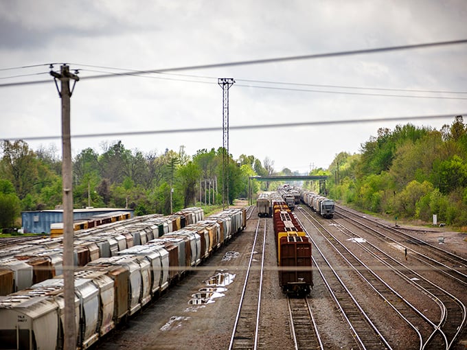 Railroad infrastructure hints at Poplar Bluff's industrial heritage. These tracks carried prosperity to town long before retirement accounts were invented.
