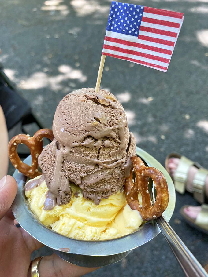 Two scoops nestled together with pretzel sentries standing guard&mdash;a sweet and salty alliance that proves opposites really do attract.