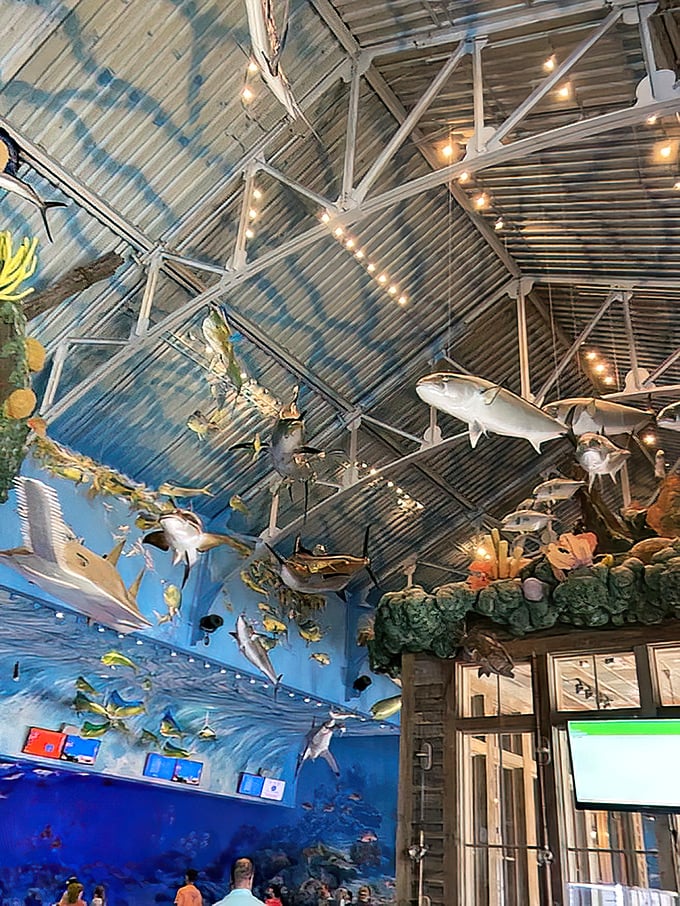 Look up and dive into an ocean of imagination. The ceiling might be the most photographed part of any restaurant in Destin.
