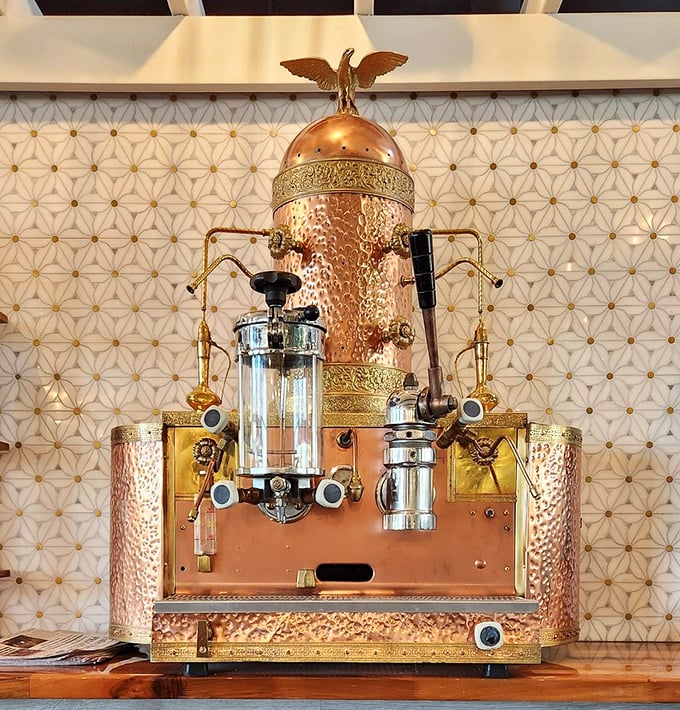That copper espresso machine isn't just equipment&mdash;it's functional art. Coffee made here isn't just served; it's presented with reverence.