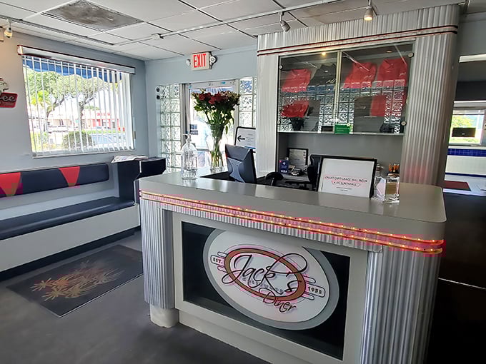 The host stand welcomes you with chrome accents and retro styling &ndash; your first hint that you've stepped into a place where breakfast dreams come true.