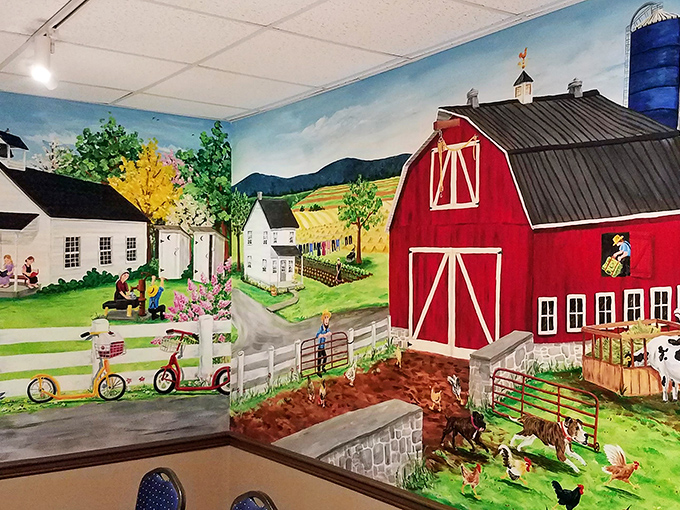 The wall mural tells the story of Lancaster County's agricultural heritage. Like eating inside a Norman Rockwell painting, but with better food.