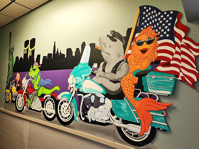 Wall art that captures Florida's playful spirit&mdash;where sharks, shrimp, and motorcycles coexist in perfect harmony. Only in the Sunshine State.