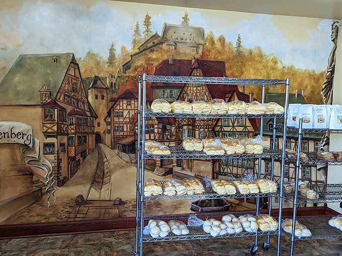 European village murals watch over fresh-baked bread, creating the odd sensation you're in both Columbus and a Bavarian fairy tale simultaneously.