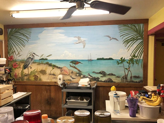 The hand-painted mural brings the outside in &ndash; a slice of Keys paradise complete with herons and palm trees to enjoy while you devour your breakfast.