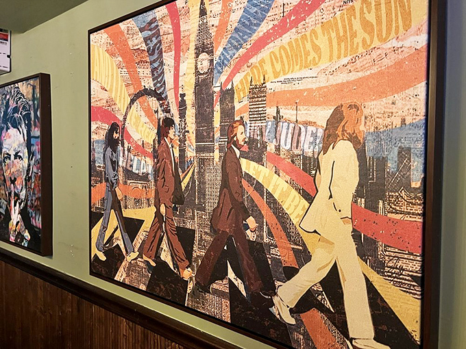 Even the wall art has personality&mdash;The Beatles crossing Abbey Road looking cooler than anyone has a right to be.