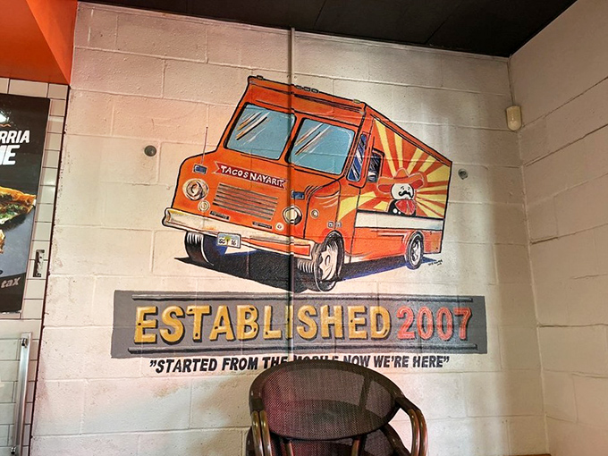 "Started from the food truck, now we're here." The wall art tells a success story that's as appetizing as the food itself.