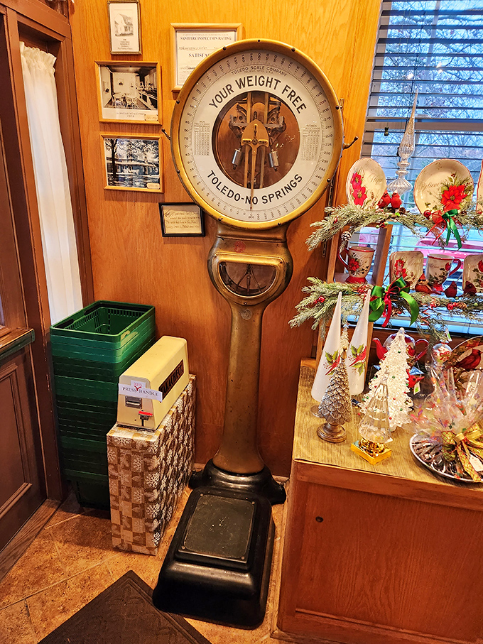This vintage scale doesn't just weigh candy &ndash; it measures joy by the pound in a building where calories simply don't count.