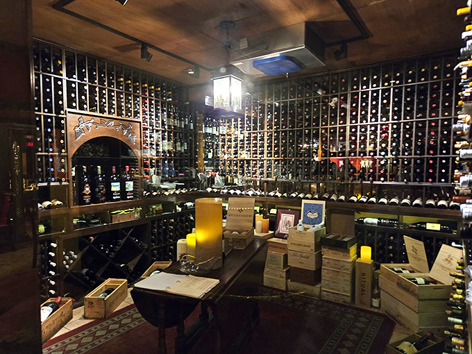 A wine cellar that would make Bacchus weep with joy. Each bottle waits patiently for its moment to complement a perfect slice of beef.