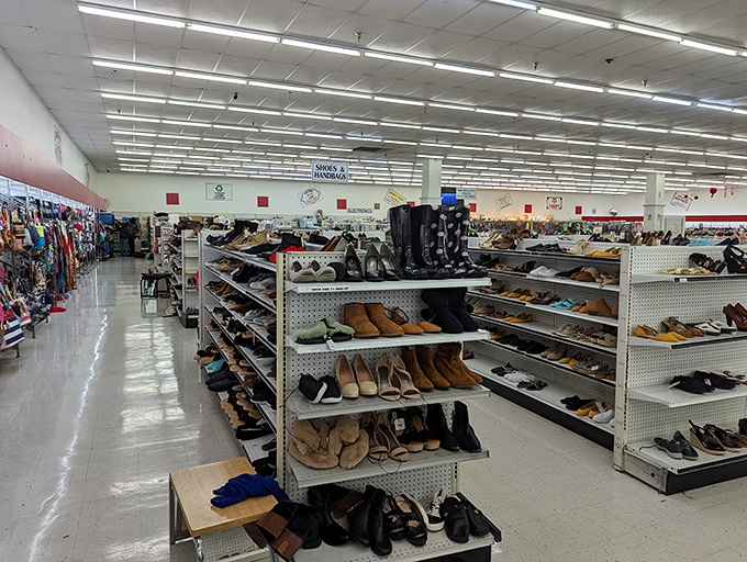 Shoe paradise where sensible flats and statement heels coexist in harmony. Cinderella had one fairy godmother; you have aisles of options.