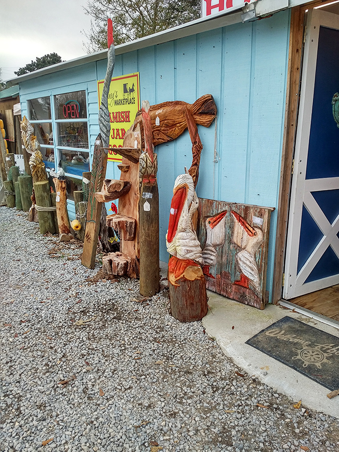 Coastal craftsmanship carved from driftwood dreams. These wooden creatures tell stories of Mississippi's maritime heritage.