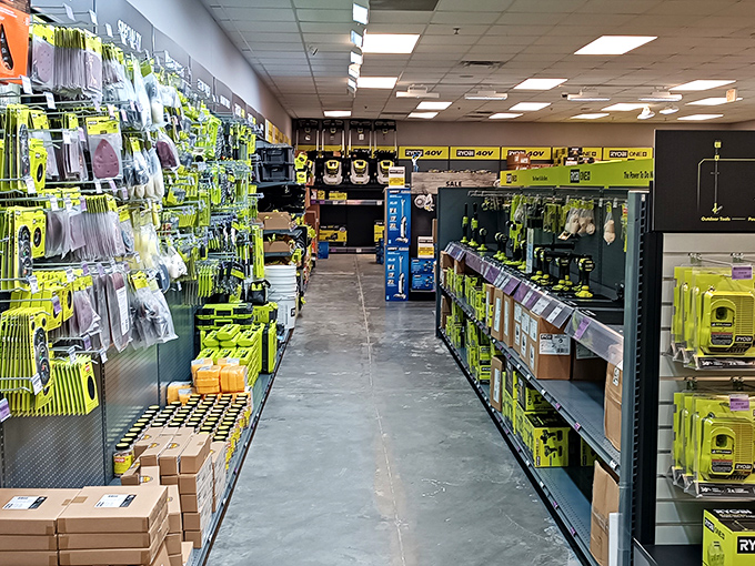 Tool paradise: where neon yellow power equipment lines the aisles, calling to DIY enthusiasts like sirens of home improvement.