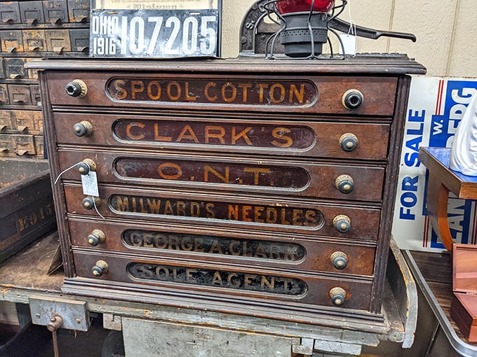 Not just a drawer cabinet but a wooden time capsule of American sewing history. Clark's O.N.T. thread organized the fabric of countless lives.