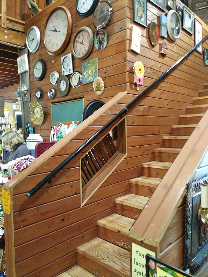 A wall of clocks marks time in this two-story treasure trove, where wooden stairs lead to even more secondhand surprises upstairs.