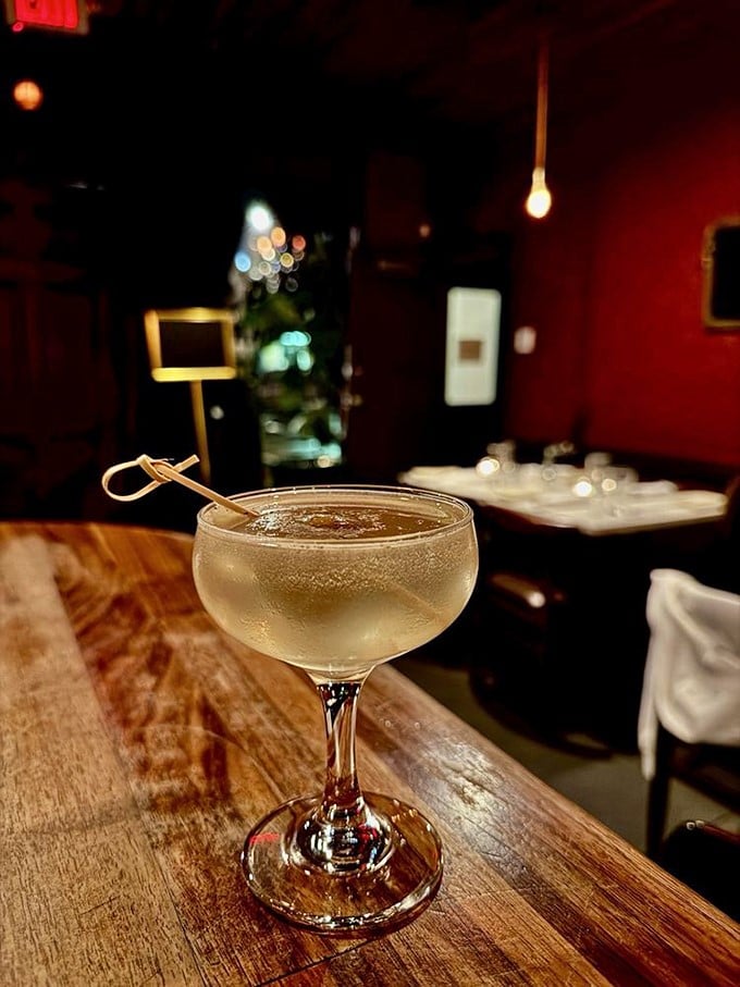 A crystal-clear cocktail resting at the bar, offering liquid courage before you attempt to pronounce "bouillabaisse" to your server.