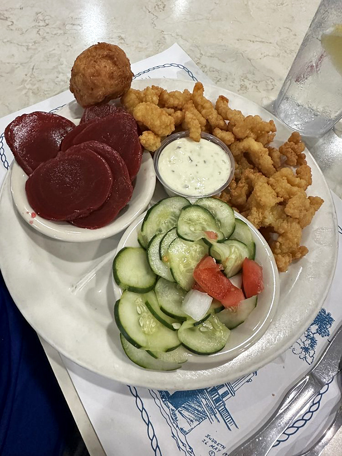 A plate that celebrates the humble cucumber and the mighty clam strip in equal measure&mdash;a democracy of deliciousness.