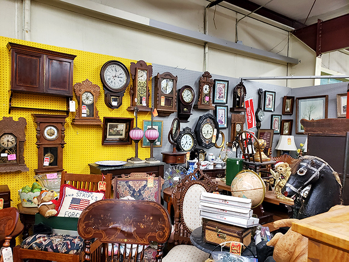 Time literally stands still in the clock corner. Grandfather, cuckoo, and mantel varieties all competing for your attention.