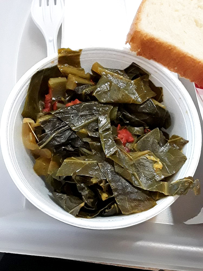 Collard greens swimming in pot liquor&mdash;the South's gift to Chicago, offering a moment of vegetable virtue in a fried food paradise.