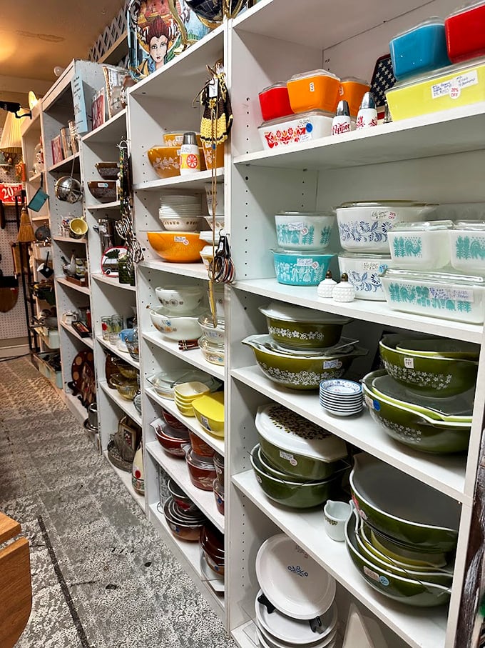 Pyrex paradise! These colorful vintage dishes have survived thousands of potlucks and still look better than anything in your kitchen cabinet.