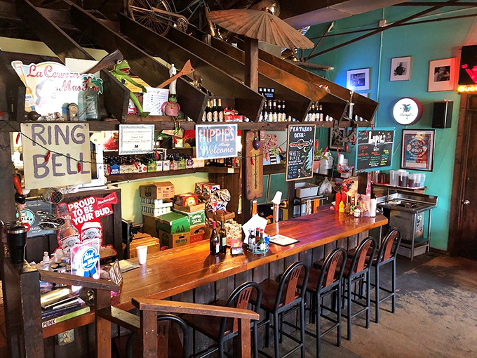 "Hippies Welcome" says the sign, and so is everyone else at this wooden bar where conversation flows as freely as the drinks.