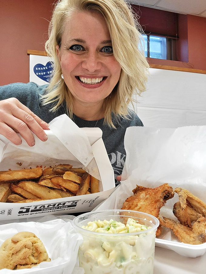 Joy has a universal expression, and it looks exactly like this when faced with Grandma Stamm's legendary fried chicken and sides.