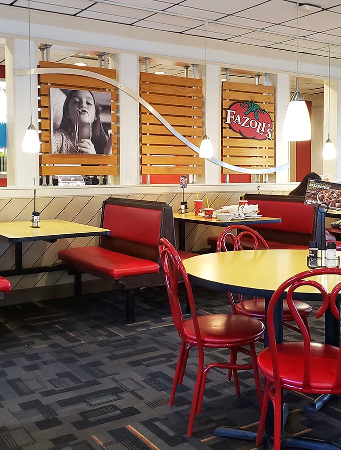 Those wooden slat dividers and pendant lights add just enough ambiance to make you forget you're in a fast-casual restaurant &ndash; until another breadstick server appears.