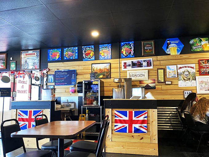 Union Jacks and vintage signs create an atmosphere that's part London pub, part Florida charm.