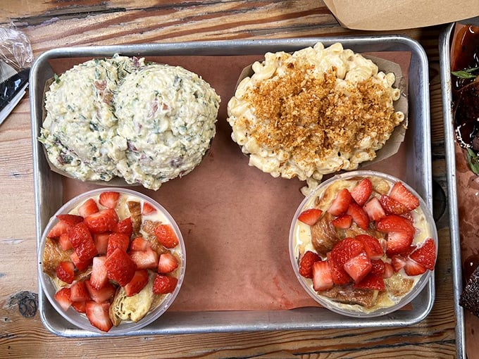 A tray of sides that proves vegetables can hang with the meat crowd when they're dressed in enough dairy and seasoning.