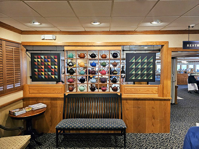 A display of teapots and quilts that reminds you this isn't just a meal, it's a glimpse into a culture that values craftsmanship and tradition.