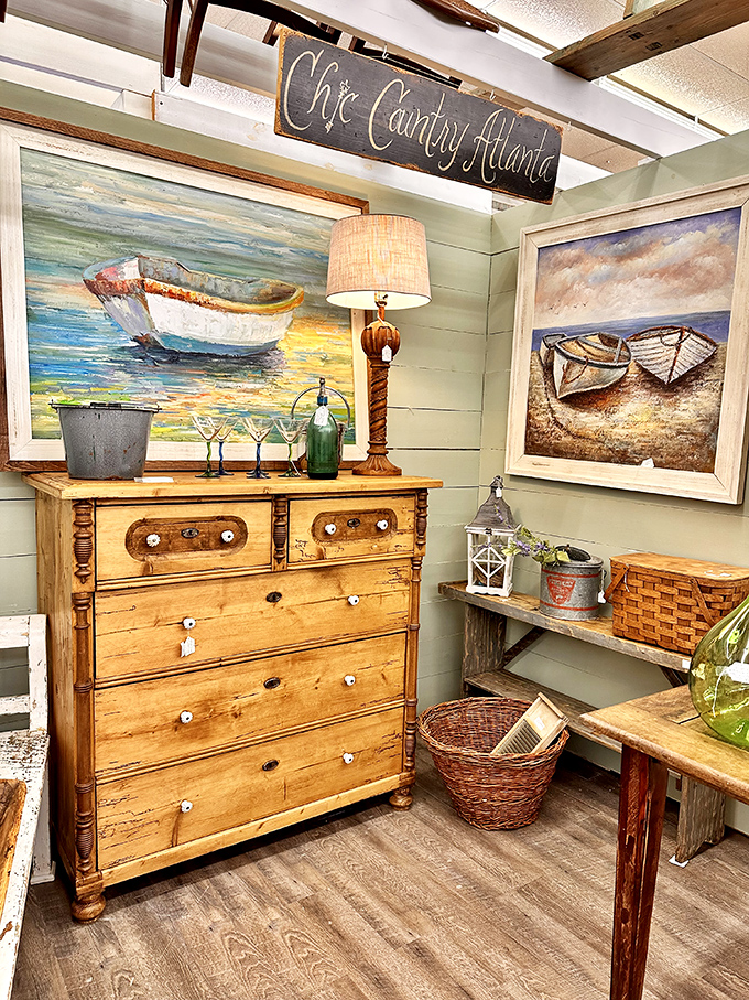 Coastal vibes meet vintage charm in this beachy booth. That dresser has better stories than most people you'll meet today.