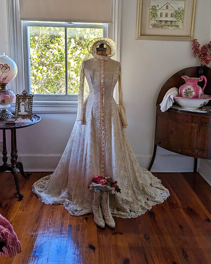 This isn't just any wedding dress &ndash; it's a masterpiece of Victorian craftsmanship standing proudly as if its owner might return any moment to claim it.