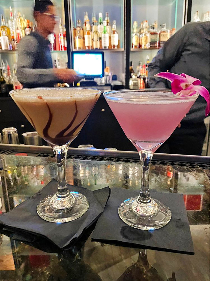 Cocktails that double as visual entertainment&mdash;one chocolate-kissed, one pink and floral-topped, both promising evening enhancement.
