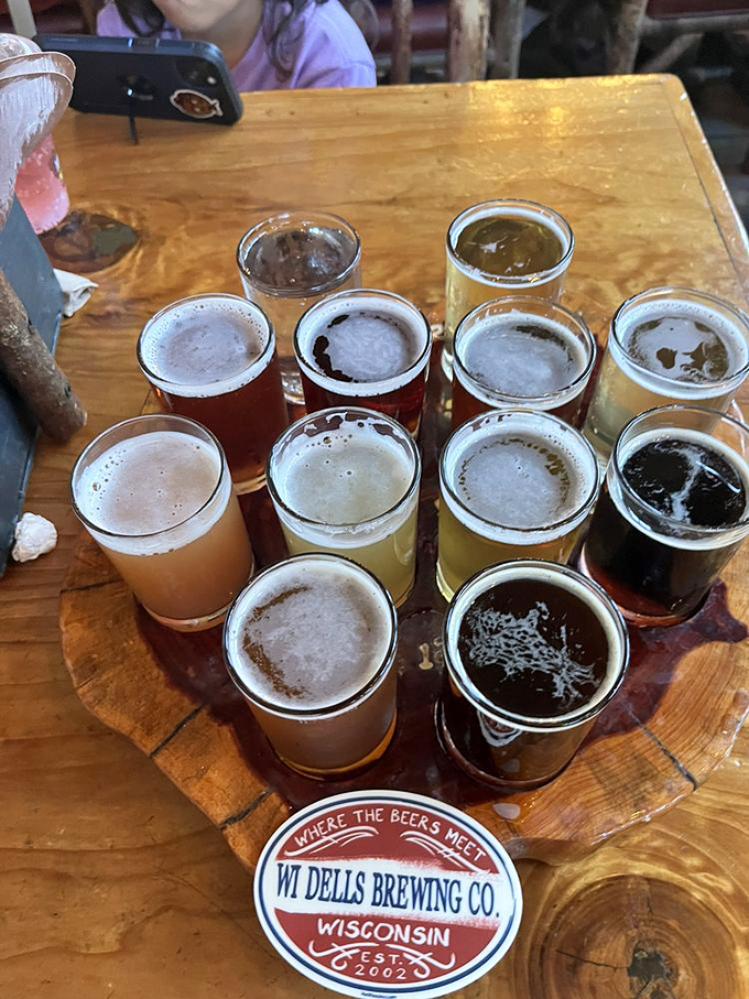 The beer flight that turns indecision into an advantage. Twelve reasons to postpone driving home, arranged in a perfect circle of temptation.