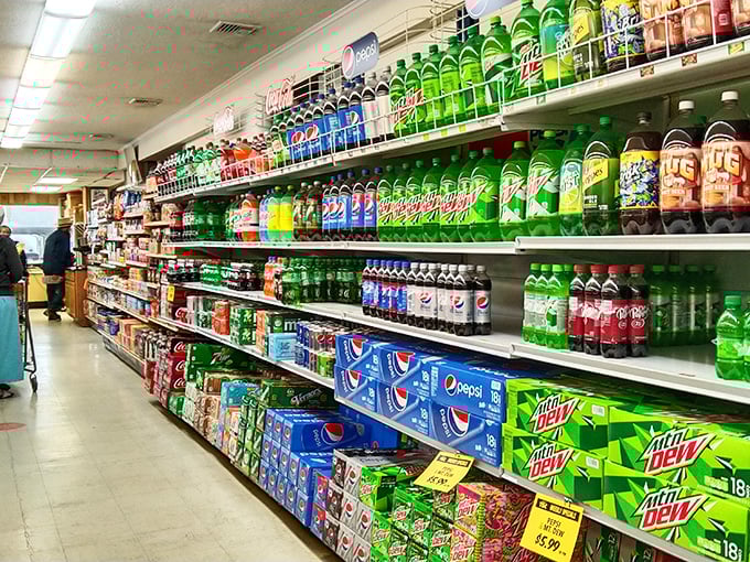 The grocery aisle: where locals stock up on liquid refreshment. These aren't artisanal craft sodas, just honest thirst-quenchers for honest people.