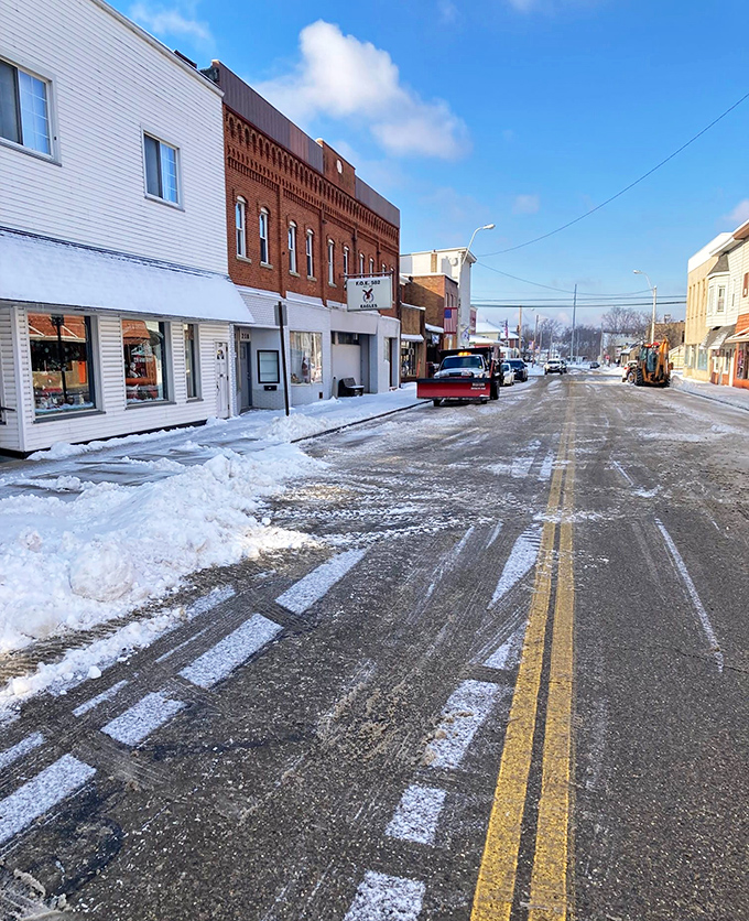 Winter transforms Dennison's main street into a scene worthy of a holiday card, the snow-dusted storefronts reminiscent of a simpler time.