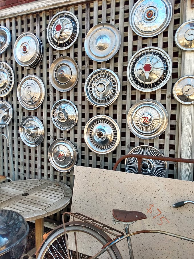 Automotive art that proves one person's hubcap collection is another's wall of industrial brilliance.