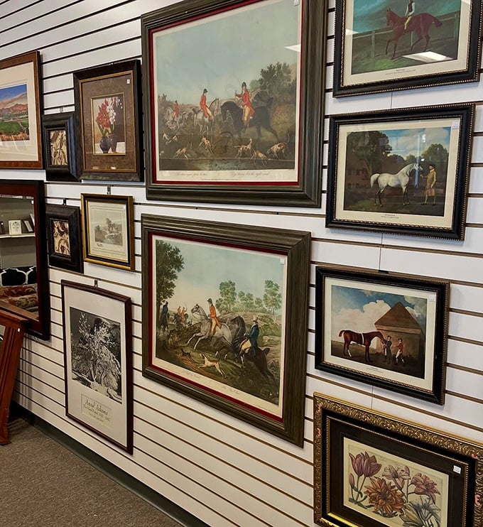The equestrian art wall: where dignified horses in gilded frames wait patiently to gallop into your living room and class up the joint.