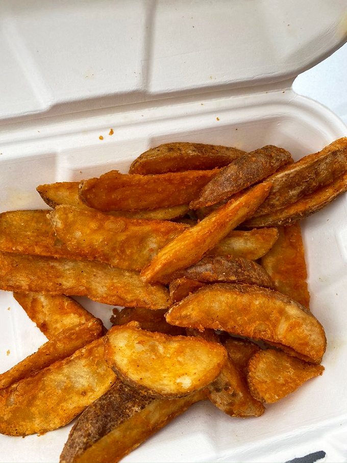 Hand-cut fries achieving that perfect balance between crispy exterior and fluffy interior potato perfection.