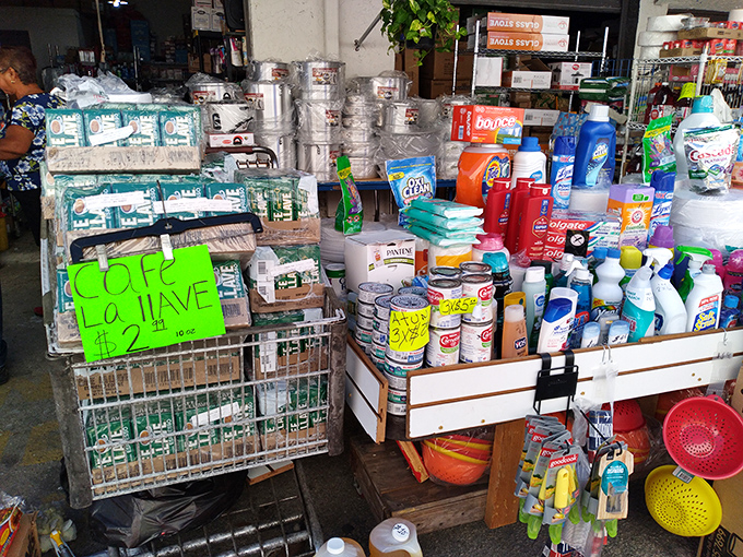 Household essentials stacked with chaotic precision&mdash;where cleaning supplies and paper goods become unexpected treasures during hurricane season.