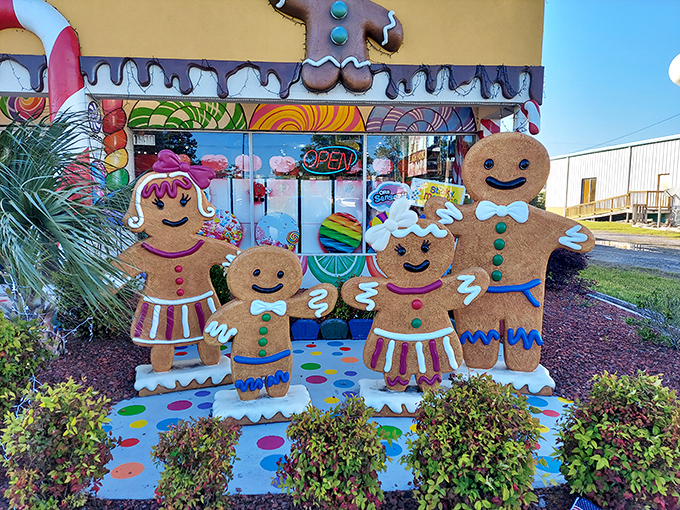 These gingerbread sentinels guard the entrance with frosting smiles. The candy equivalent of "Take a picture, it'll last longer!"