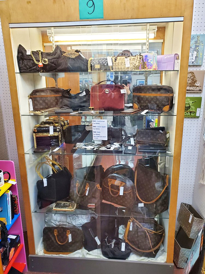 Designer handbag heaven behind glass. These vintage luxury accessories have probably attended more interesting parties than most people.