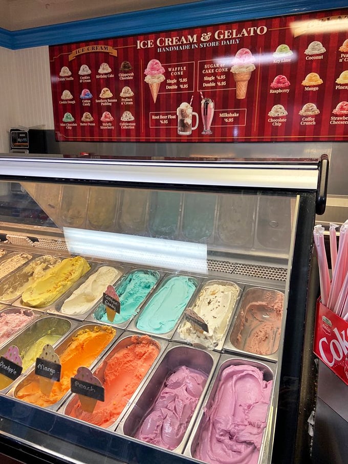 A rainbow of frozen possibilities. This gelato case proves that Baskin-Robbins' 31 flavors was just amateur hour.
