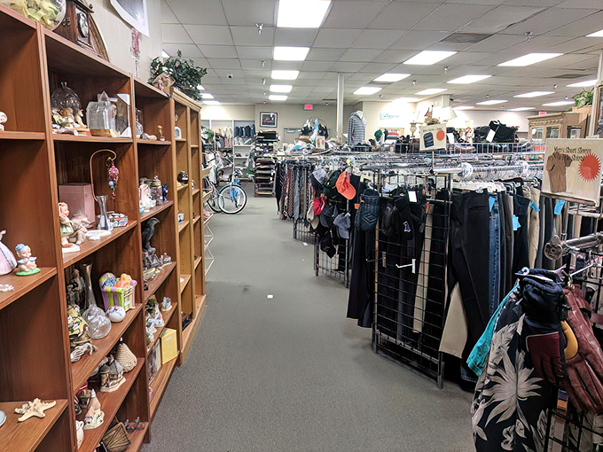 The inside of a well-organized thrift store, with racks of clothing, shelves of home decor items, and a spacious aisle inviting shoppers to browse.