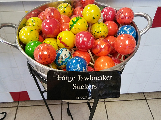 Jawbreaker suckers the size of billiard balls. Dentists probably wince when they drive past this display.