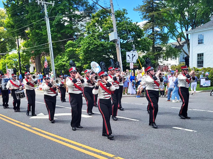 The marching band brings military precision and musical joy to Ridgefield's streets. These musicians take their formations as seriously as Broadway takes its opening nights.