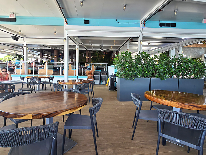 The outdoor seating area offers a modern twist on the classic Lester's experience&mdash;same great food, now with vitamin D. 