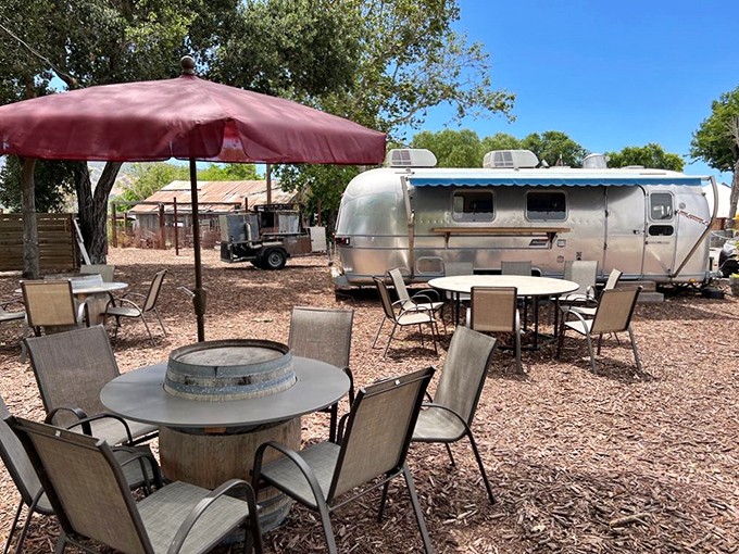 Their outdoor seating area offers a rustic wine country vibe where you can enjoy your meal under California's endless blue sky.